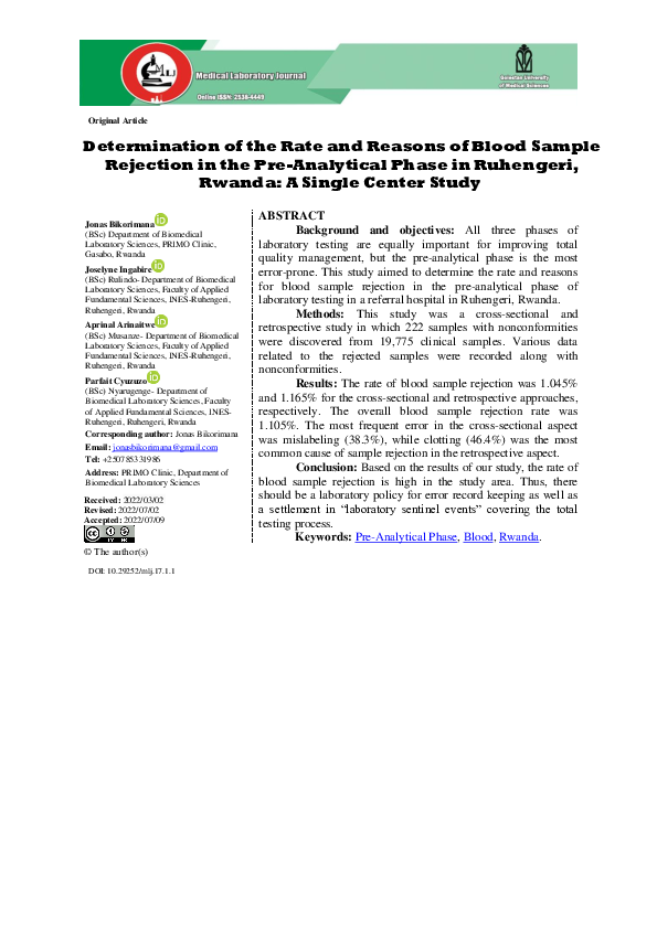 (PDF) Determination of the Rate and Reasons of Blood Sample Rejection ...