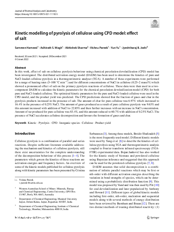 (PDF) Kinetic modelling of pyrolysis of cellulose using CPD model: effect of salt