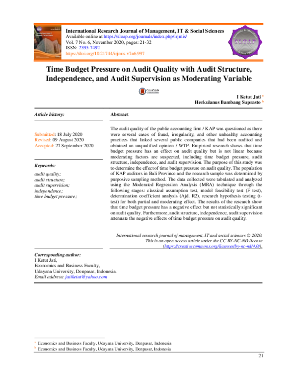 (PDF) Time budget pressure on audit quality with audit structure ...