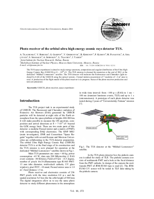 (PDF) Photo Receiver of the Orbital Ultra High Energy Cosmic Rays ...
