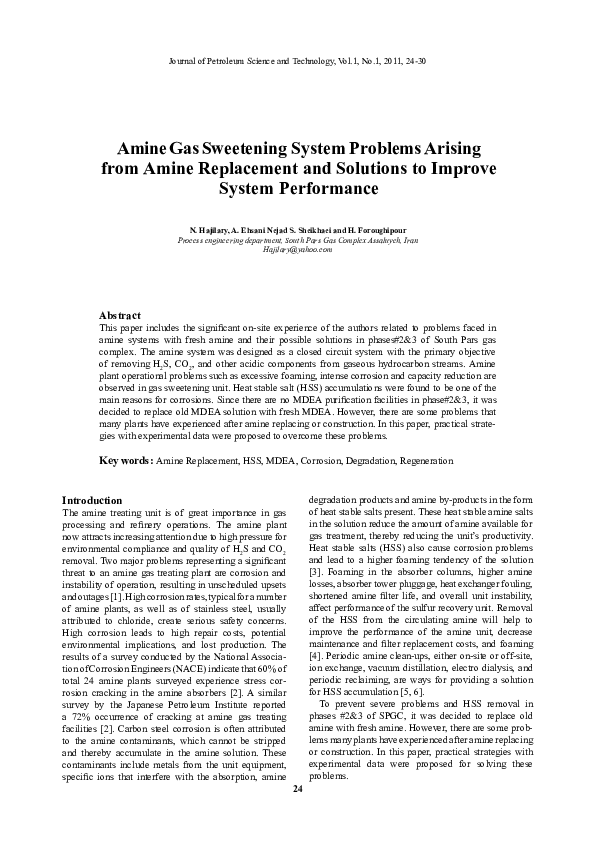 (PDF) Amine Gas Sweetening System Problems Arising from Amine ...