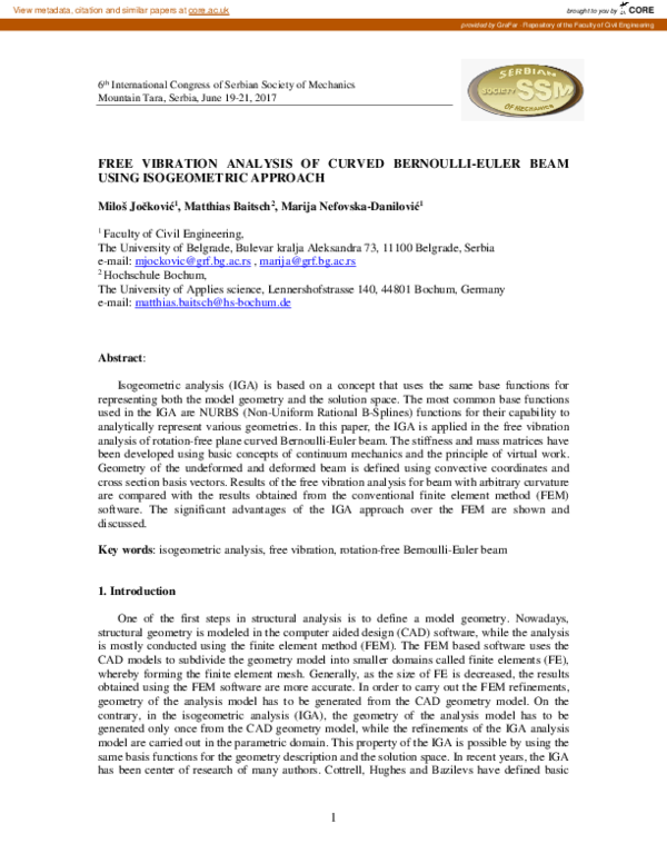 Pdf Free Vibration Analysis Of Curved Bernoulli Euler Beam Using