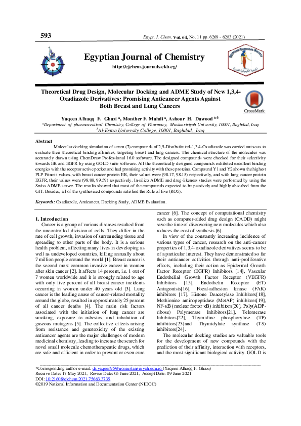 (PDF) Theoretical Drug Design, Molecular Docking And ADME Study Of New 1,3,4-Oxadiazole ...