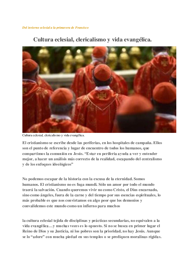 (PDF) Cultura eclesial clericalismo y vida evangelica