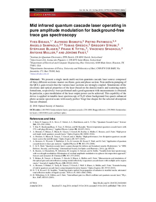 (PDF) Mid infrared quantum cascade laser operating in pure amplitude ...