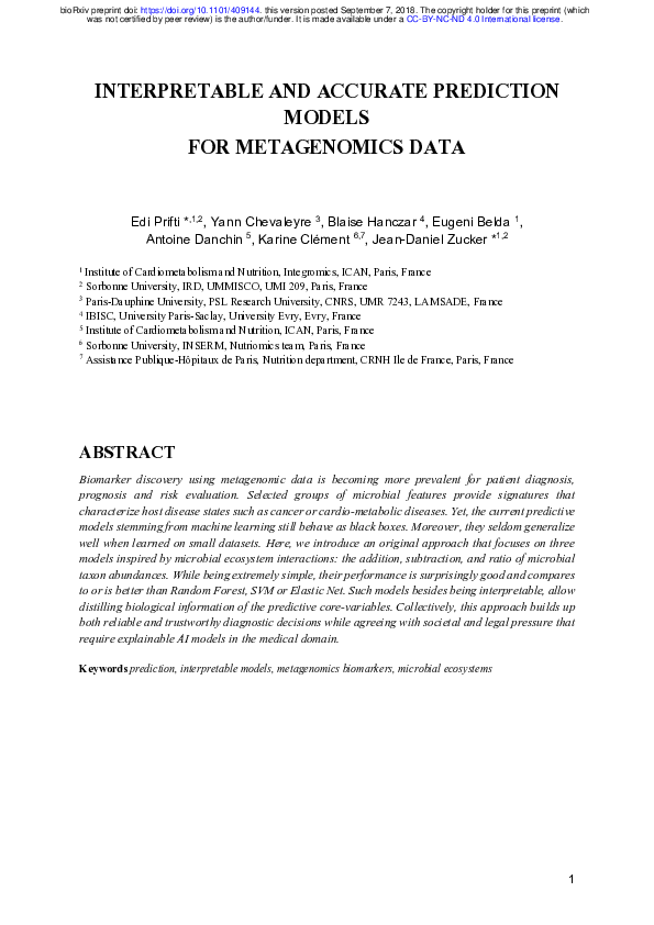 (PDF) Interpretable and Accurate Prediction Models for Metagenomics Data