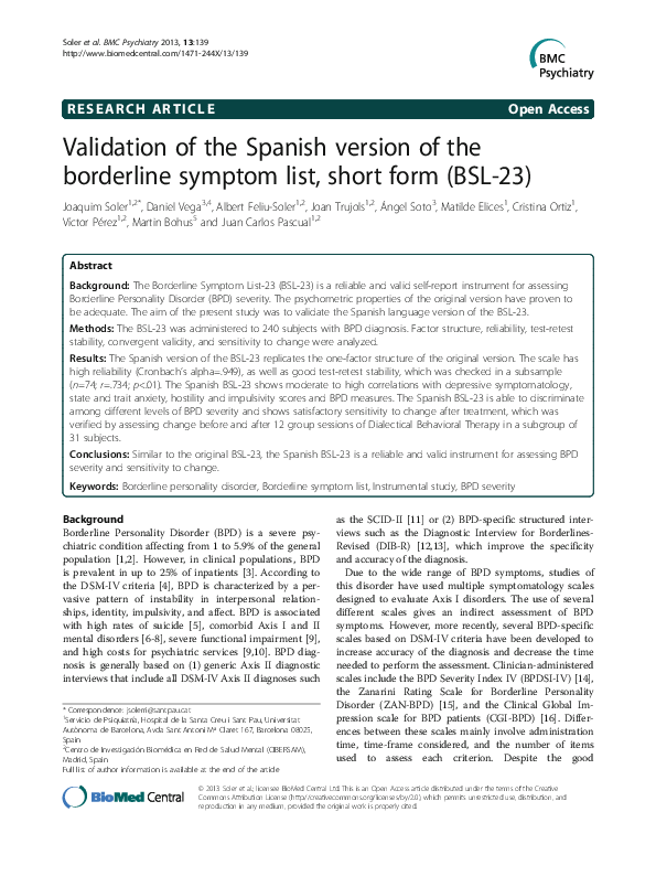 (PDF) Validation of the Spanish version of the borderline symptom list ...