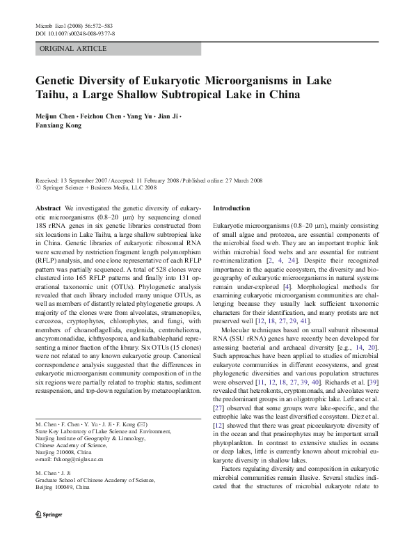 (PDF) Genetic Diversity of Eukaryotic Microorganisms in Lake Taihu, a Large Shallow Subtropical ...