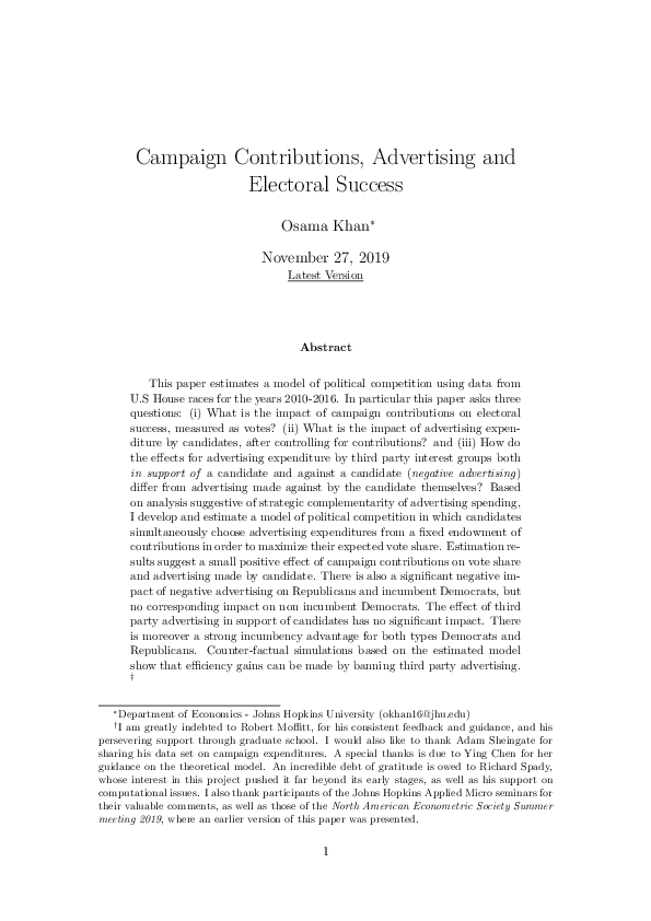 (PDF) Campaign Contributions, Advertising and Electoral Success