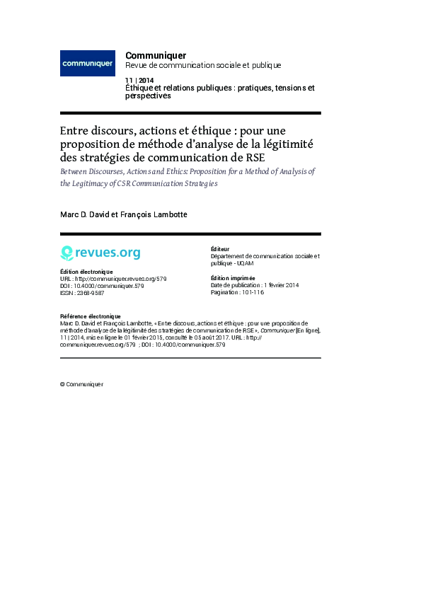 (PDF) Entre discours, actions et éthique : pour une proposition de méthode d’analyse de la ...