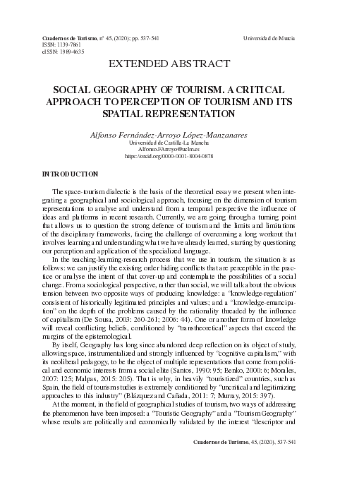 (PDF) Social geography of tourism. A critical approach to perception of tourism and its spatial ...