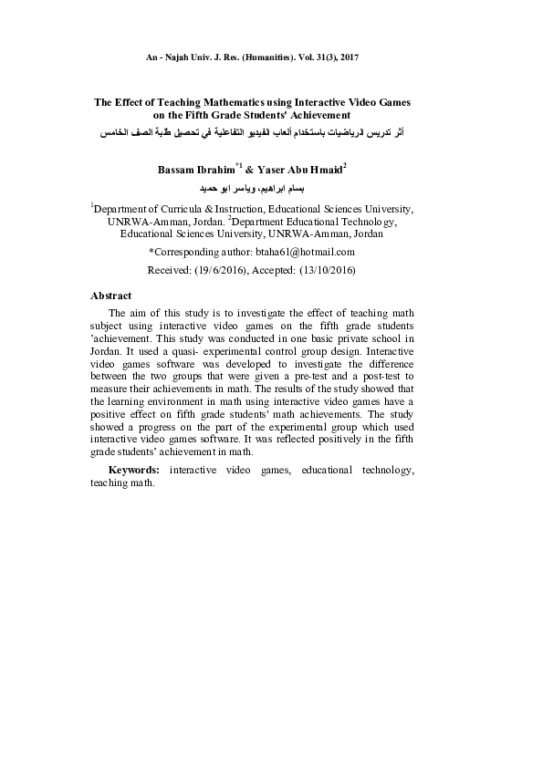 (PDF) The Effect Of Teaching Mathematics Using Interactive Video Games ...