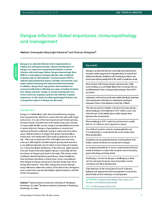 (PDF) Dengue infection: Global importance, immunopathology and management