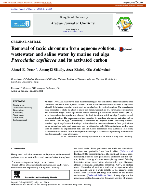 (PDF) Removal of toxic chromium from aqueous solution, wastewater and ...