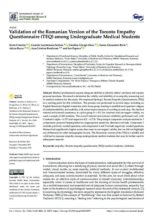 (PDF) Validation of the Romanian Version of the Toronto Empathy ...