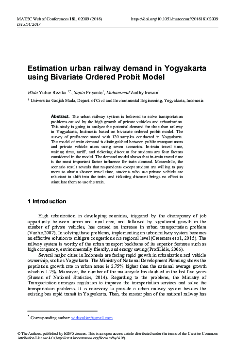 Pdf Estimation Urban Railway Demand In Yogyakarta Using Bivariate