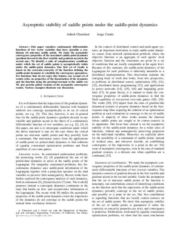 (PDF) Asymptotic stability of saddle points under the saddle-point dynamics