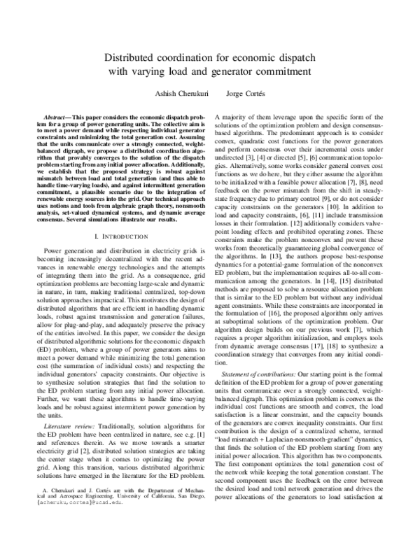 (PDF) Distributed coordination for economic dispatch with varying load and generator commitment