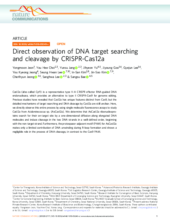 (PDF) Direct observation of DNA target searching and cleavage by CRISPR-Cas12a