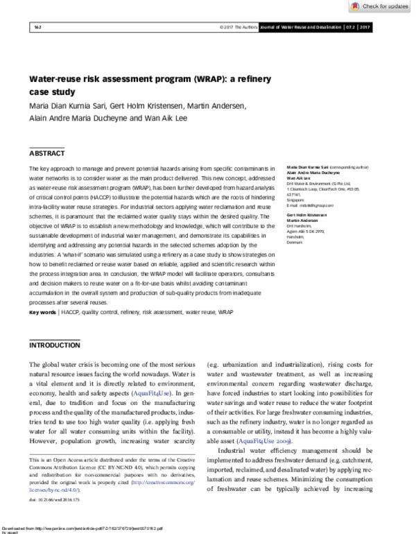 (PDF) Water-reuse risk assessment program (WRAP): a refinery case study