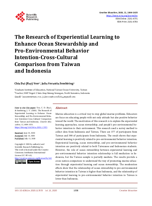 (PDF) The Research of Experiential Learning to Enhance Ocean Stewardship and Pro-Environmental ...