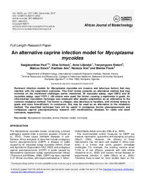 (PDF) An alternative caprine infection model for Mycoplasma mycoides ...