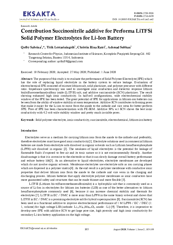 (PDF) Contribution Succinonitrile Additive for Performa LiTFSi Solid ...