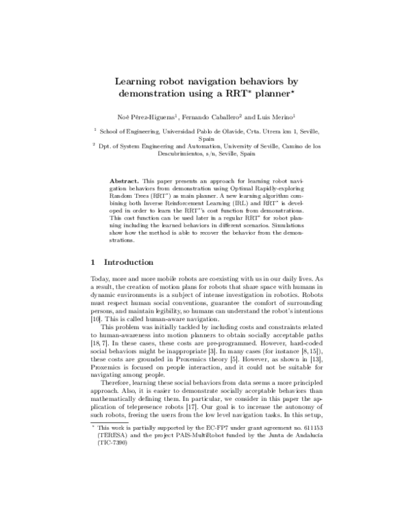 (PDF) Learning Robot Navigation Behaviors by Demonstration Using a RRT $$^{*}$$ ∗ Planner