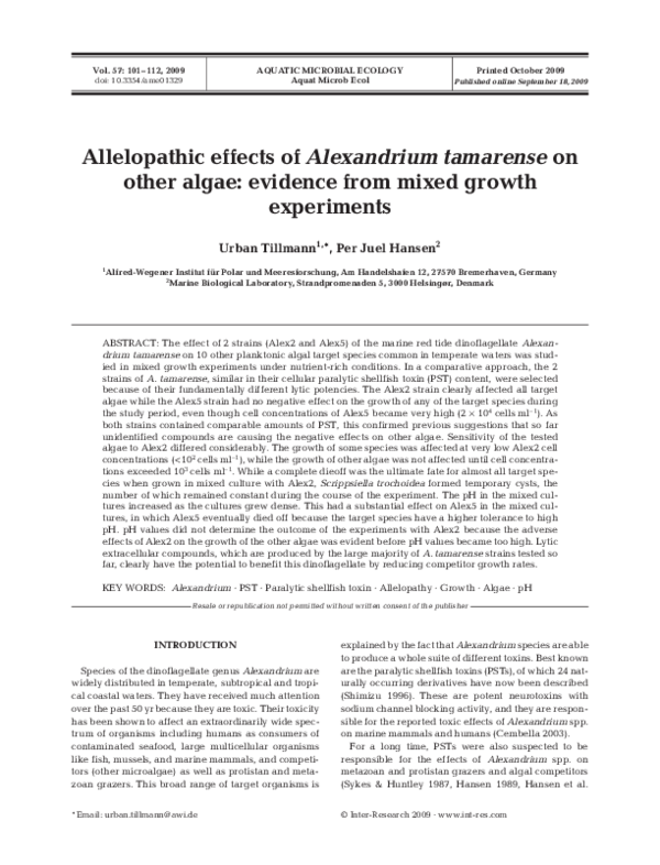 (PDF) Allelopathic effects of Alexandrium tamarense on other algae ...