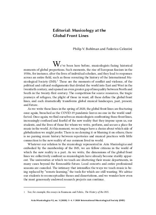 (PDF) (with Philip Bohlman) Editorial: Musicology at the Global Front Lines