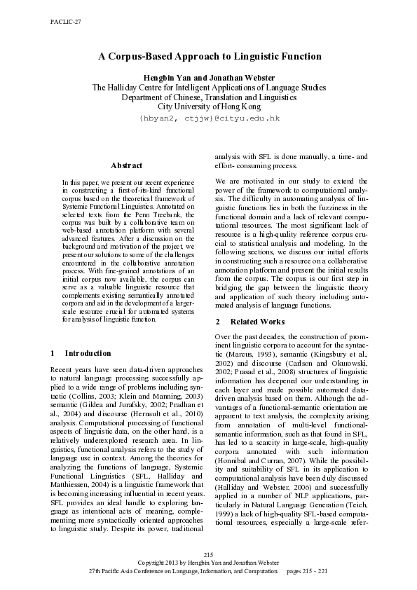 (PDF) A Corpus-Based Approach to Linguistic Function | Jonathan Webster ...