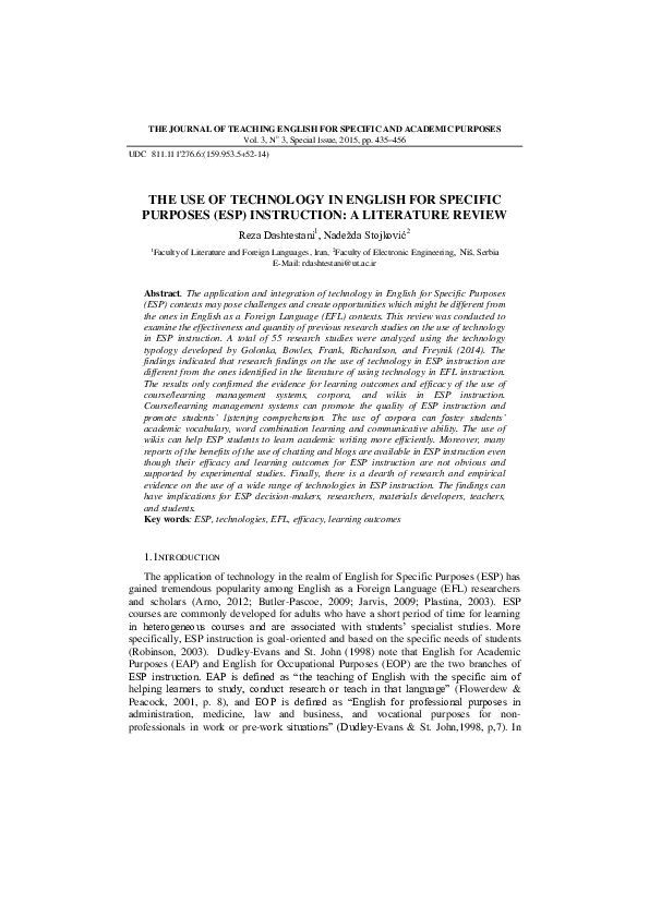 (PDF) The Use of Technology in English for Specific Purposes (Esp ...