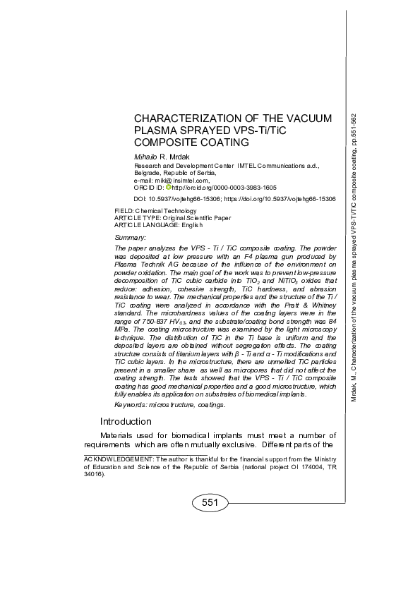 Pdf Characterization Of The Vacuum Plasma Sprayed Vps Ti Tic Composite Coating