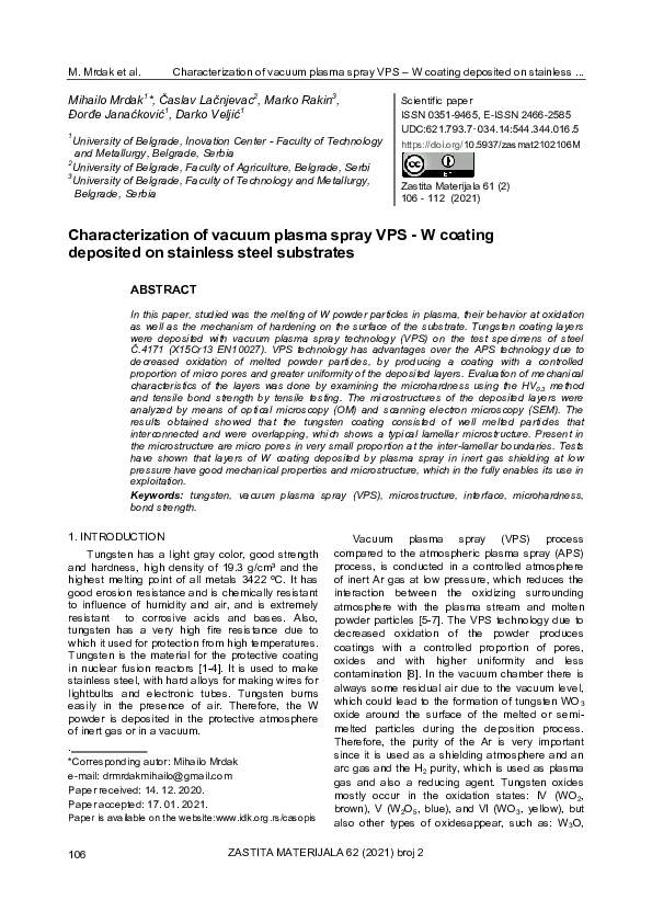 (PDF) Characterization of vacuum plasma spray VPS - W coating deposited ...