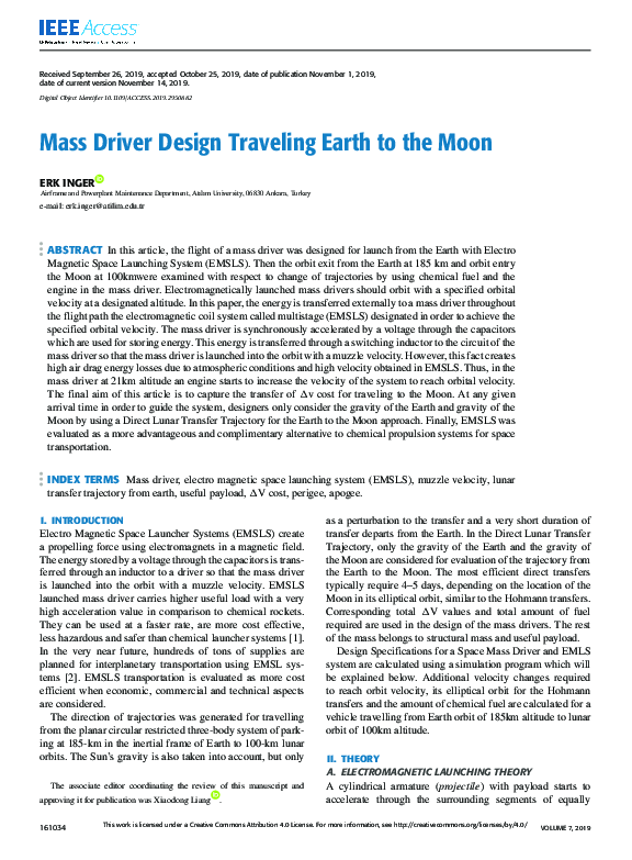 (PDF) Mass Driver Design Traveling Earth to the Moon | Erk İnger ...