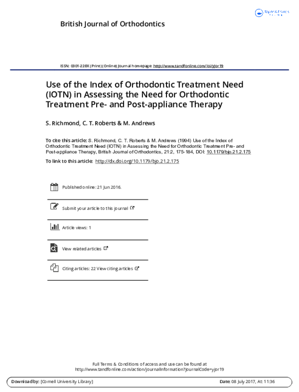 (PDF) Use of the Index of Orthodontic Treatment Need (IOTN) in ...