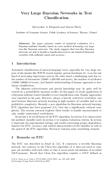 Pdf Very Large Bayesian Networks In Text Classification