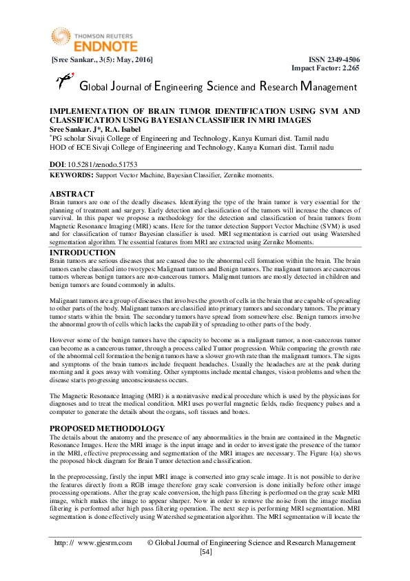 (PDF) Implementation Of Brain Tumor Identification Using Svm And ... (PDF) Implementation Of Brain Tumor Identification Using Svm And ...