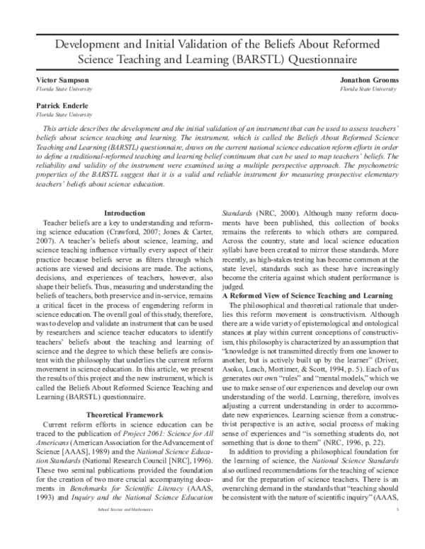 (PDF) Development and Initial Validation of the Beliefs About Reformed Science Teaching and ...