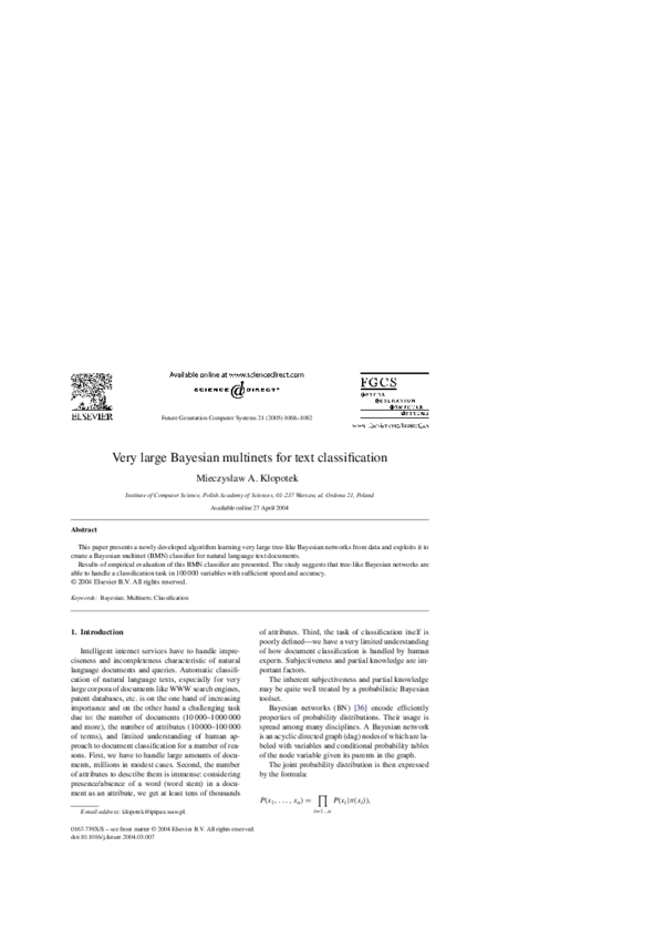 (PDF) Very large Bayesian multinets for text classification