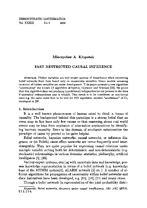 (PDF) Fast Restricted Causal Inference | Mieczysław Kłopotek - Academia.edu