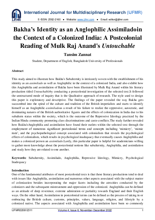 (PDF) Bakha’s Identity as an Anglophilic Assimilado in the Context of a ...
