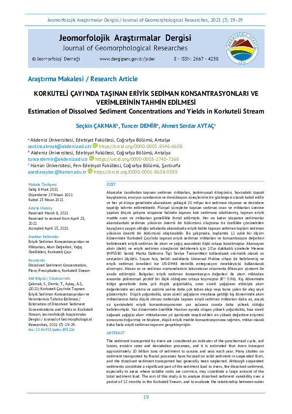(PDF) Korkuteli Çayı'nda Bir Yıllık Süre Boyunca Taşınan Eriyik Sediman ...