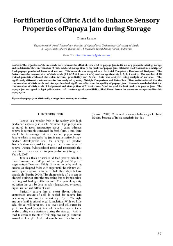 (PDF) Fortification of Citric Acid to Enhance Sensory Properties of Papaya Jam during Storage