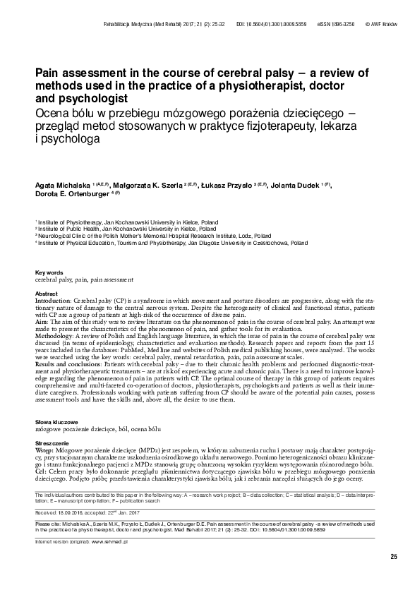 (PDF) Pain assessment in the course of cerebral palsy - a review of ...