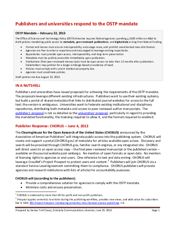 (PDF) Publishers and universities respond to the OSTP mandate