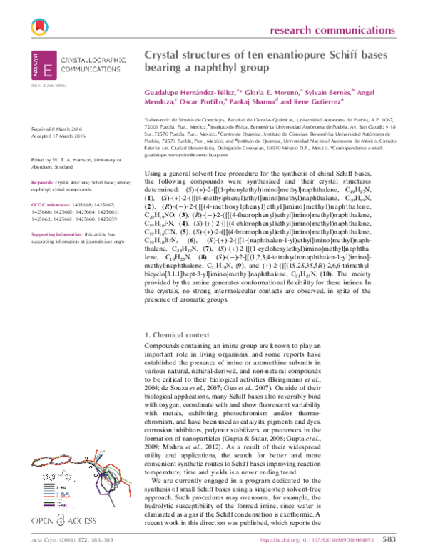 (PDF) Crystal structures of ten enantiopure Schiff bases bearing a ...