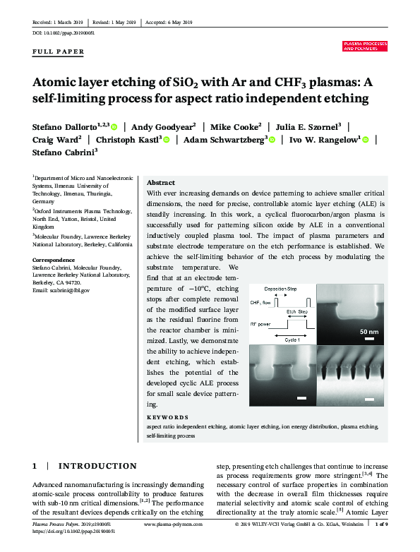 (PDF) Atomic layer etching of SiO 2 with Ar and CHF 3 plasmas: A self-limiting process for ...