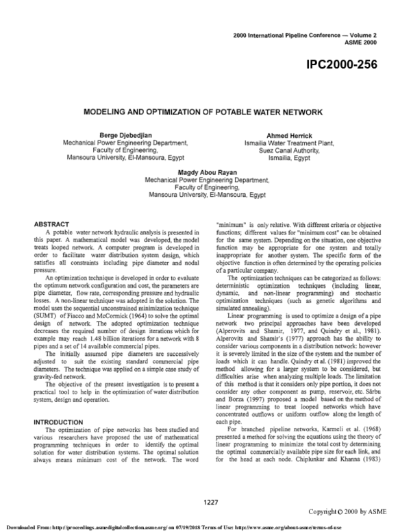 (PDF) Modeling and Optimization of Potable Water Network