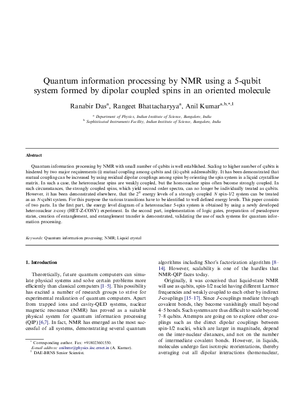 (PDF) Quantum information processing by NMR using a 5-qubit system formed by dipolar coupled ...
